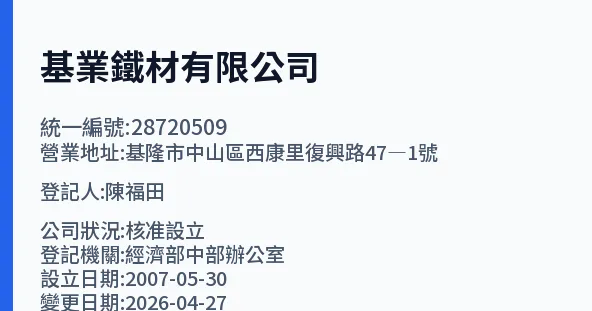 基業鐵材有限公司的照片-統編 28720509(基隆市) 公司登記資料與營業項目詳細圖表