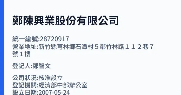 鄭陳興業股份有限公司的照片-統編 28720917(新竹縣) 公司登記資料與營業項目詳細圖表