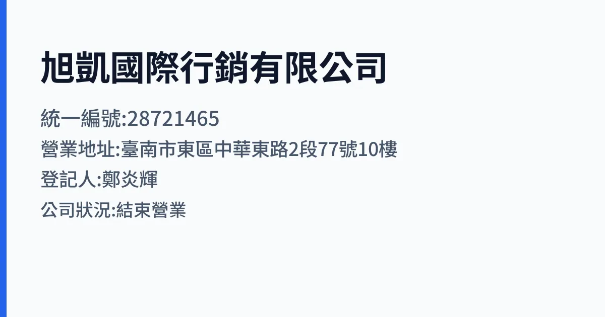 旭凱國際行銷有限公司 - 統編 28721465(臺南市) 公司登記資料與營業項目詳細圖表