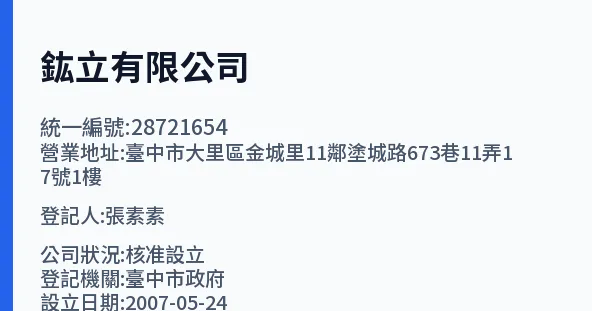 鈜立有限公司的照片-統編 28721654(臺中市) 公司登記資料與營業項目詳細圖表
