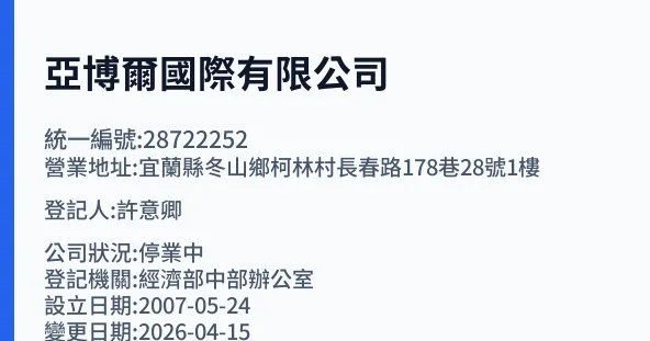 亞博爾國際有限公司的照片-統編 28722252(宜蘭縣) 公司登記資料與營業項目詳細圖表