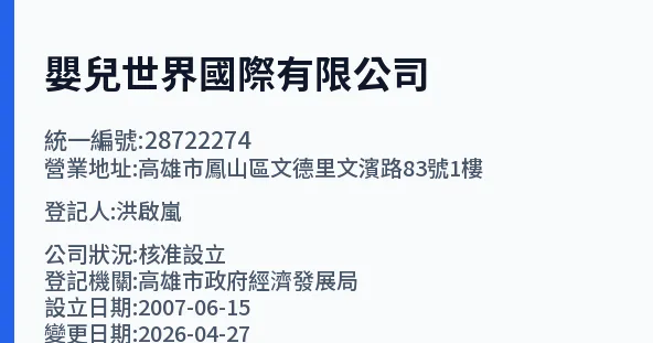嬰兒世界國際有限公司的照片-統編 28722274(高雄市) 公司登記資料與營業項目詳細圖表