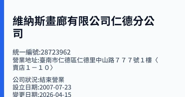維納斯畫廊有限公司仁德分公司的照片-統編 28723962(臺南市) 公司登記資料與營業項目詳細圖表