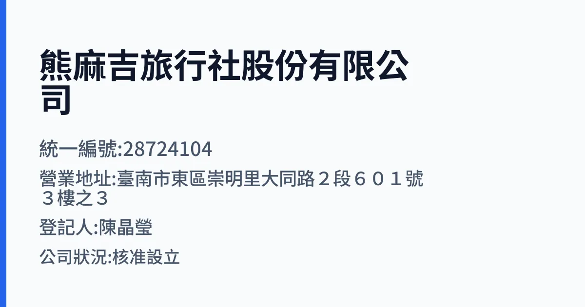 熊麻吉旅行社股份有限公司 - 統編 28724104(臺南市) 公司登記資料與營業項目詳細圖表
