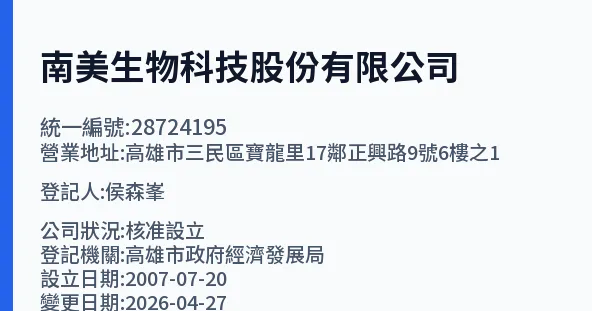 南美生物科技股份有限公司的照片-統編 28724195(高雄市) 公司登記資料與營業項目詳細圖表