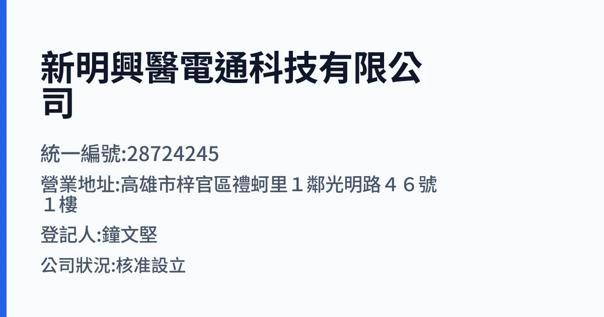 新明興醫電通科技有限公司 - 統編 28724245(高雄市) 公司登記資料與營業項目詳細圖表