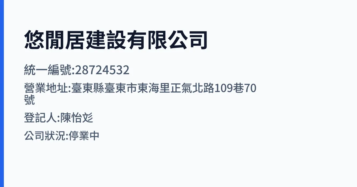 悠閒居建設有限公司 - 統編 28724532(臺東縣) 公司登記資料與營業項目詳細圖表