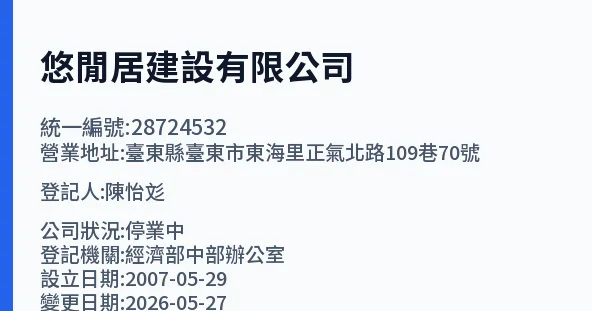 悠閒居建設有限公司的照片-統編 28724532(臺東縣) 公司登記資料與營業項目詳細圖表