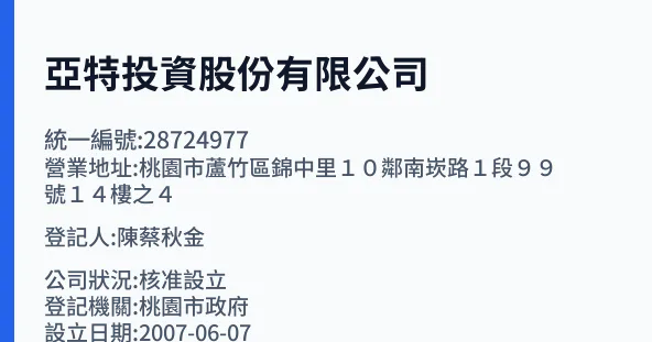 亞特投資股份有限公司的照片-統編 28724977(桃園市) 公司登記資料與營業項目詳細圖表