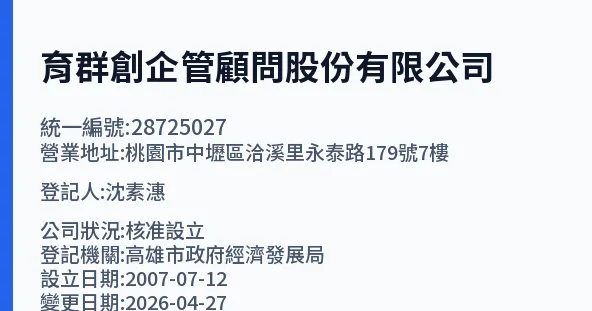 育群創企管顧問股份有限公司的照片-統編 28725027(桃園市) 公司登記資料與營業項目詳細圖表