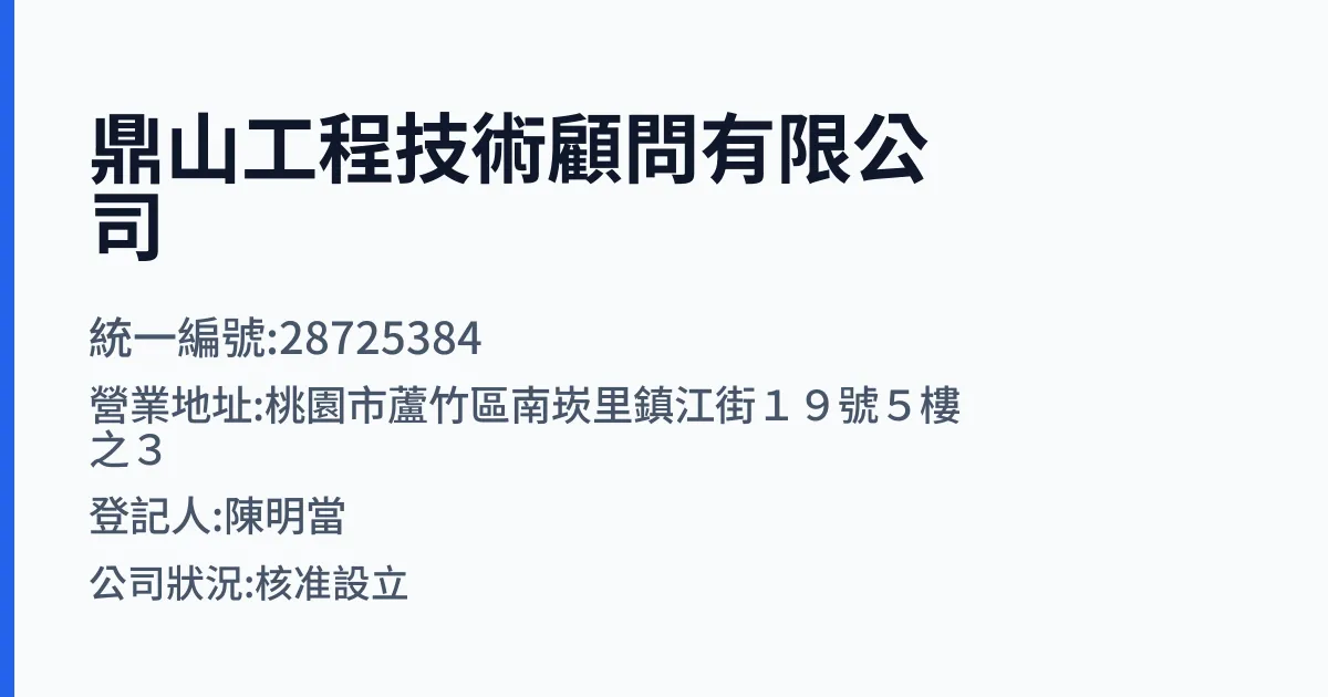 鼎山工程技術顧問有限公司 - 統編 28725384(桃園市) 公司登記資料與營業項目詳細圖表