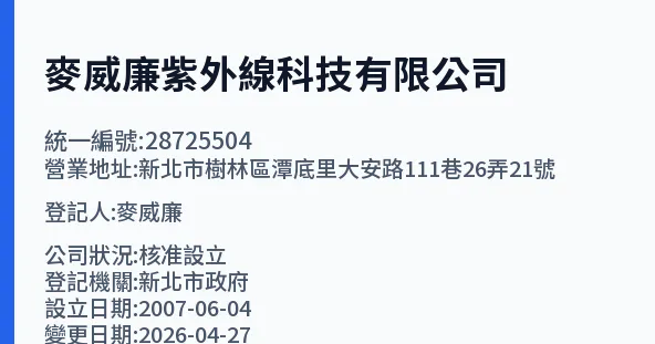 麥威廉紫外線科技有限公司的照片-統編 28725504(新北市) 公司登記資料與營業項目詳細圖表