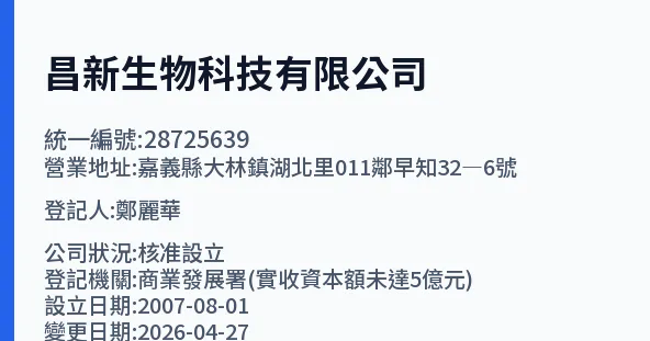 昌新生物科技有限公司的照片-統編 28725639(嘉義縣) 公司登記資料與營業項目詳細圖表