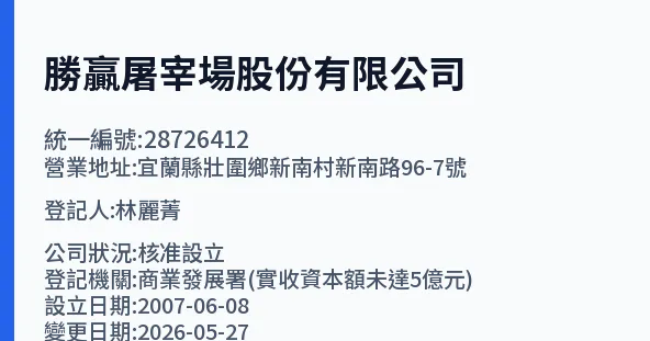 勝贏屠宰場股份有限公司的照片-統編 28726412(宜蘭縣) 公司登記資料與營業項目詳細圖表