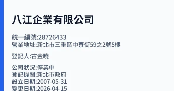 八江企業有限公司的照片-統編 28726433(新北市) 公司登記資料與營業項目詳細圖表