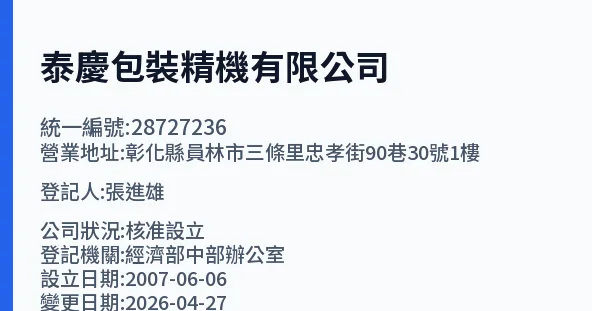 泰慶包裝精機有限公司的照片-統編 28727236(彰化縣) 公司登記資料與營業項目詳細圖表