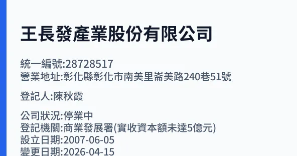 王長發產業股份有限公司的照片-統編 28728517(彰化縣) 公司登記資料與營業項目詳細圖表