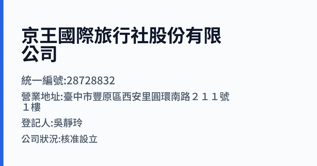 京王國際旅行社股份有限公司 - 統編 28728832(臺中市) 公司登記資料與營業項目詳細圖表