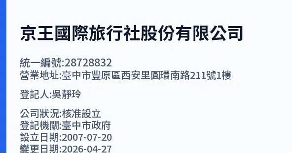 京王國際旅行社股份有限公司的照片-統編 28728832(臺中市) 公司登記資料與營業項目詳細圖表