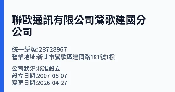 聯歐通訊有限公司鶯歌建國分公司的照片-統編 28728967(新北市) 公司登記資料與營業項目詳細圖表