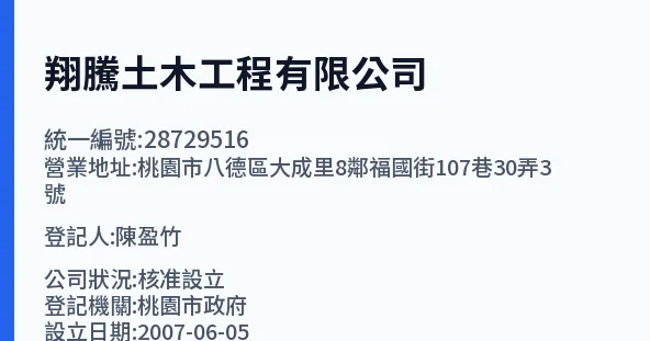 翔騰土木工程有限公司的照片-統編 28729516(桃園市) 公司登記資料與營業項目詳細圖表
