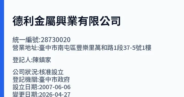德利金屬興業有限公司的照片-統編 28730020(臺中市) 公司登記資料與營業項目詳細圖表