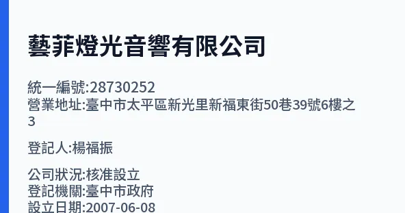 藝菲燈光音響有限公司的照片-統編 28730252(臺中市) 公司登記資料與營業項目詳細圖表
