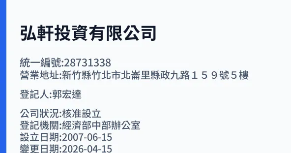弘軒投資有限公司的照片-統編 28731338(新竹縣) 公司登記資料與營業項目詳細圖表
