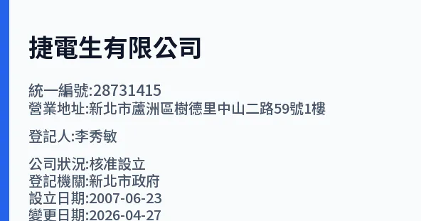 捷電生有限公司的照片-統編 28731415(新北市) 公司登記資料與營業項目詳細圖表
