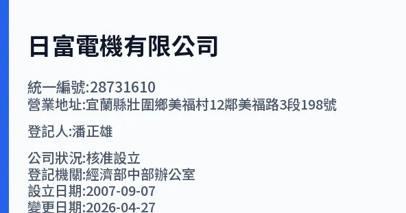 日富電機有限公司的照片-統編 28731610(宜蘭縣) 公司登記資料與營業項目詳細圖表