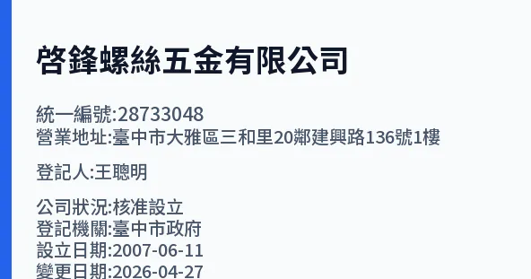啓鋒螺絲五金有限公司的照片-統編 28733048(臺中市) 公司登記資料與營業項目詳細圖表