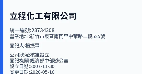 立程化工有限公司的照片-統編 28734308(新竹市) 公司登記資料與營業項目詳細圖表