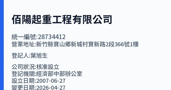 佰陽起重工程有限公司的照片-統編 28734412(新竹縣) 公司登記資料與營業項目詳細圖表