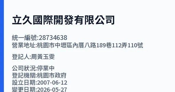 立久國際開發有限公司的照片-統編 28734638(桃園市) 公司登記資料與營業項目詳細圖表