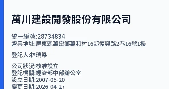 萬川建設開發股份有限公司的照片-統編 28734834(屏東縣) 公司登記資料與營業項目詳細圖表