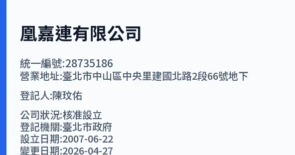 凰嘉連有限公司的照片-統編 28735186(臺北市) 公司登記資料與營業項目詳細圖表
