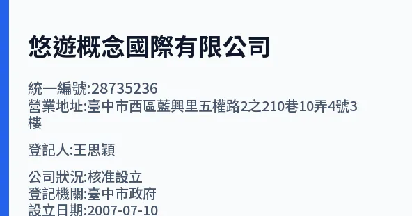 悠遊概念國際有限公司的照片-統編 28735236(臺中市) 公司登記資料與營業項目詳細圖表