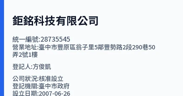 鉅銘科技有限公司的照片-統編 28735545(臺中市) 公司登記資料與營業項目詳細圖表