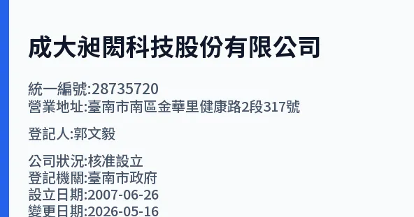 成大昶閎科技股份有限公司的照片-統編 28735720(臺南市) 公司登記資料與營業項目詳細圖表