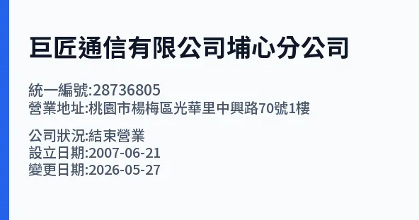 巨匠通信有限公司埔心分公司的照片-統編 28736805(桃園市) 公司登記資料與營業項目詳細圖表