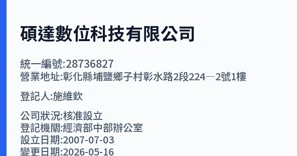 碩達數位科技有限公司的照片-統編 28736827(彰化縣) 公司登記資料與營業項目詳細圖表