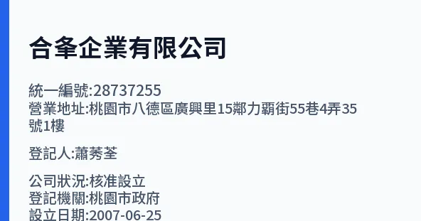 合夆企業有限公司的照片-統編 28737255(桃園市) 公司登記資料與營業項目詳細圖表