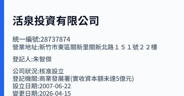 活泉投資有限公司的照片-統編 28737874(新竹市) 公司登記資料與營業項目詳細圖表