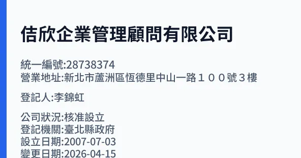 佶欣企業管理顧問有限公司的照片-統編 28738374(新北市) 公司登記資料與營業項目詳細圖表