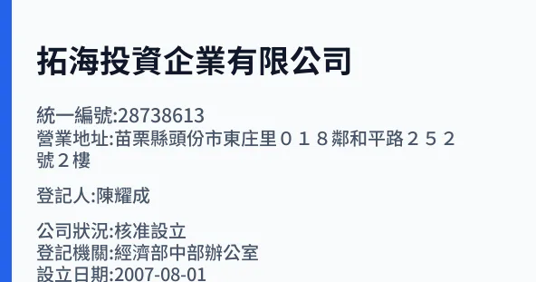 拓海投資企業有限公司的照片-統編 28738613(苗栗縣) 公司登記資料與營業項目詳細圖表