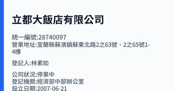立都大飯店有限公司的照片-統編 28740097(宜蘭縣) 公司登記資料與營業項目詳細圖表
