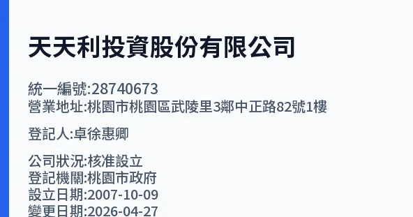 天天利投資股份有限公司的照片-統編 28740673(桃園市) 公司登記資料與營業項目詳細圖表