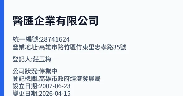 醫匯企業有限公司的照片-統編 28741624(高雄市) 公司登記資料與營業項目詳細圖表