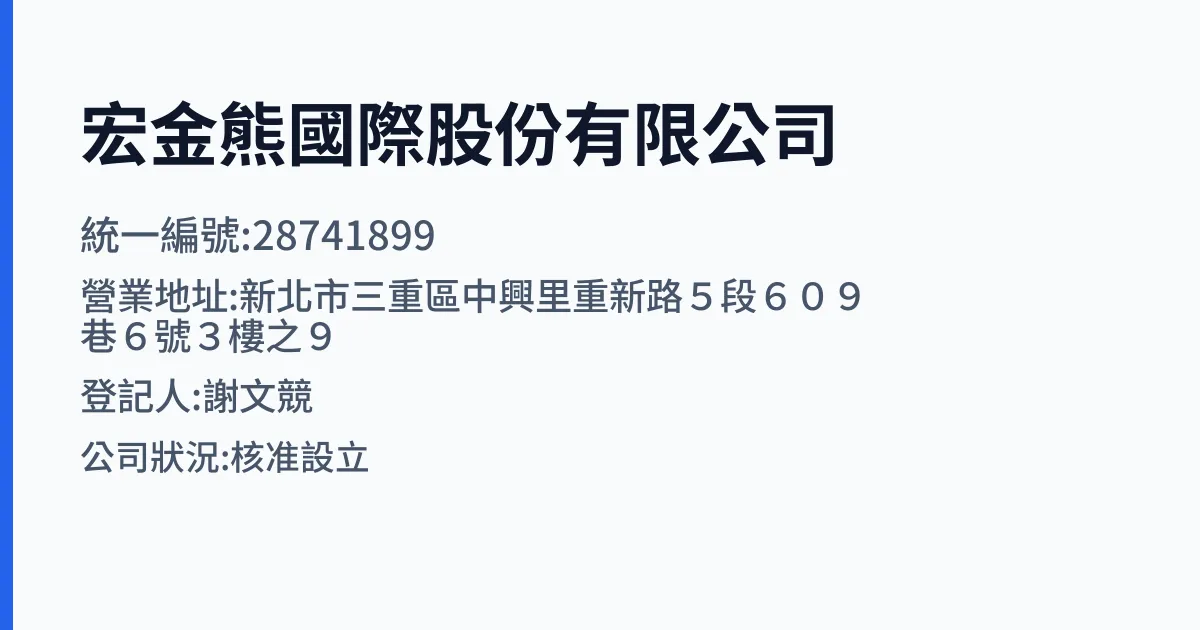 宏金熊國際股份有限公司 - 統編 28741899(新北市) 公司登記資料與營業項目詳細圖表