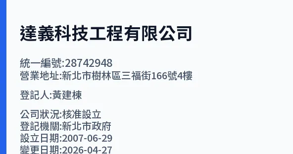 達義科技工程有限公司的照片-統編 28742948(新北市) 公司登記資料與營業項目詳細圖表